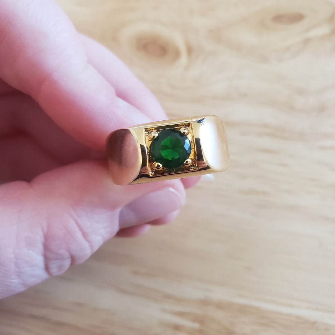 Vintage Faux Emerald Ring, Size 11.5 Ring, Yellow Gold Tone Ring ...
