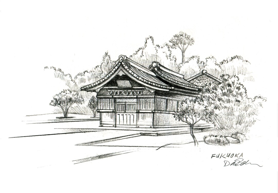 Pencil Sketch of a Temple Building at Dazaifu Tenmangu Shrine in ...