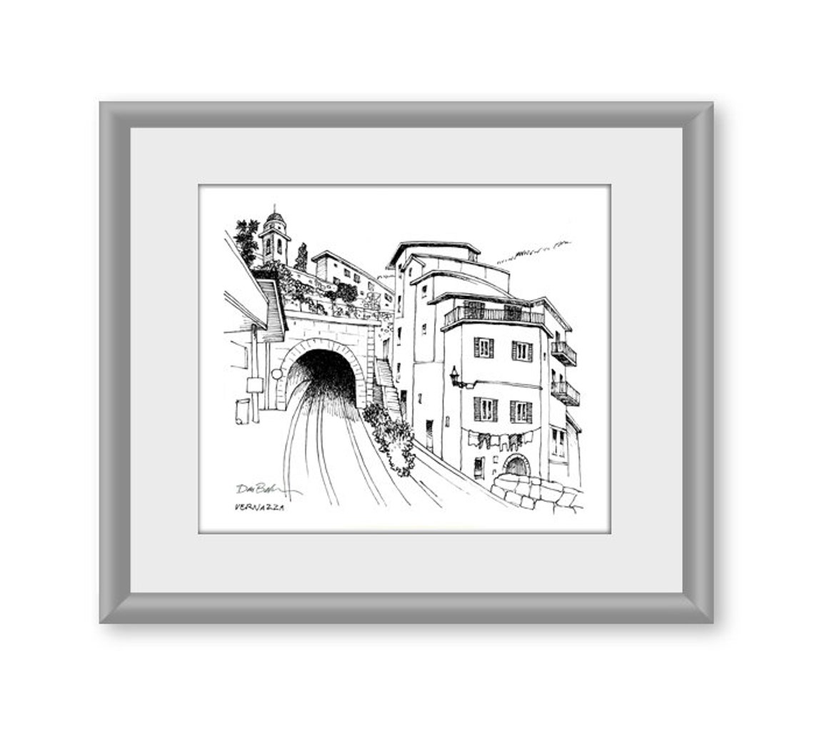 Pen and Ink Sketch of the Train Station and Tunnel at Vernazza, Italy ...