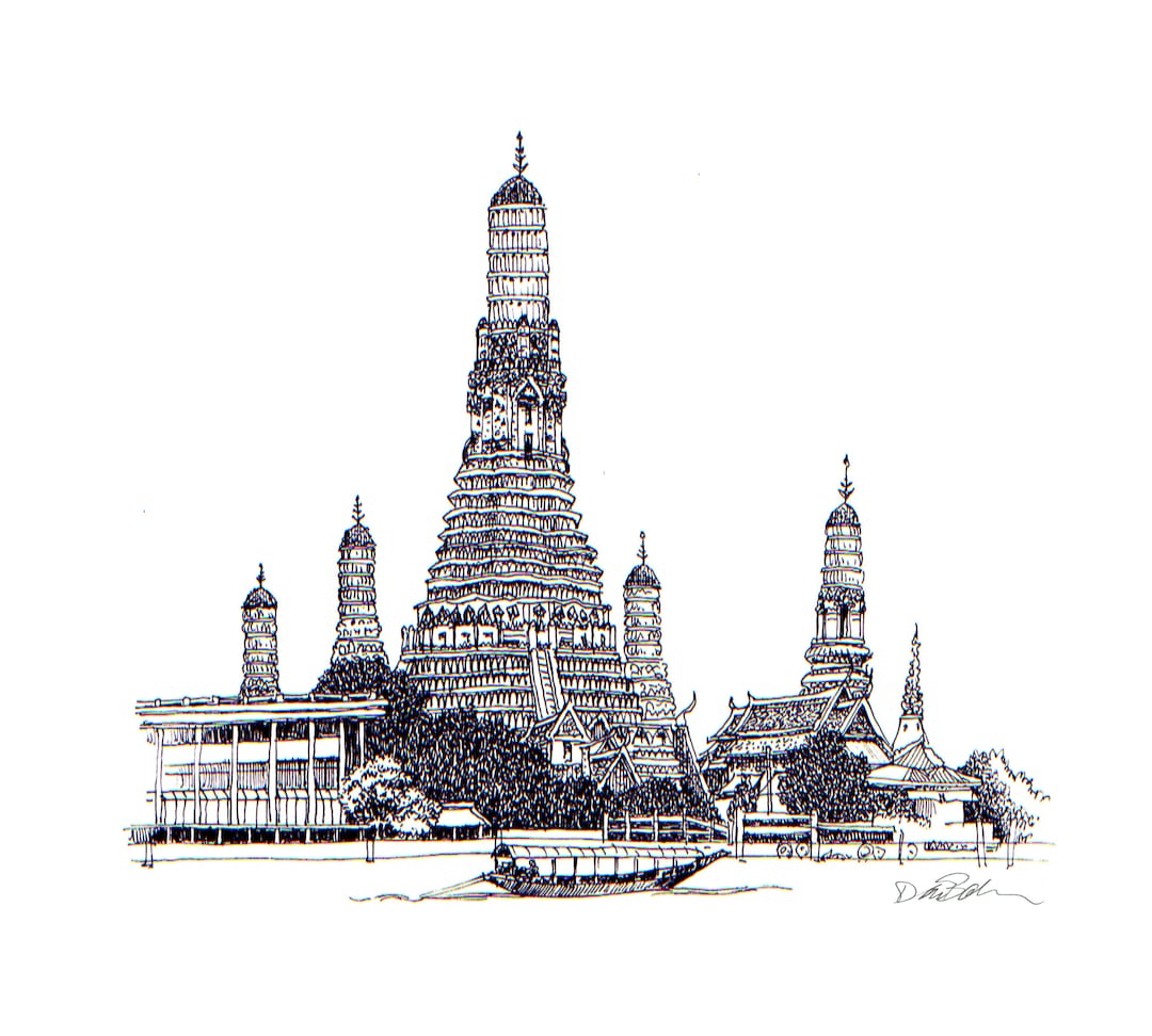 Pen and Ink Sketch of Wat Arun, Bangkok, Thailand (a Digital File of My ...