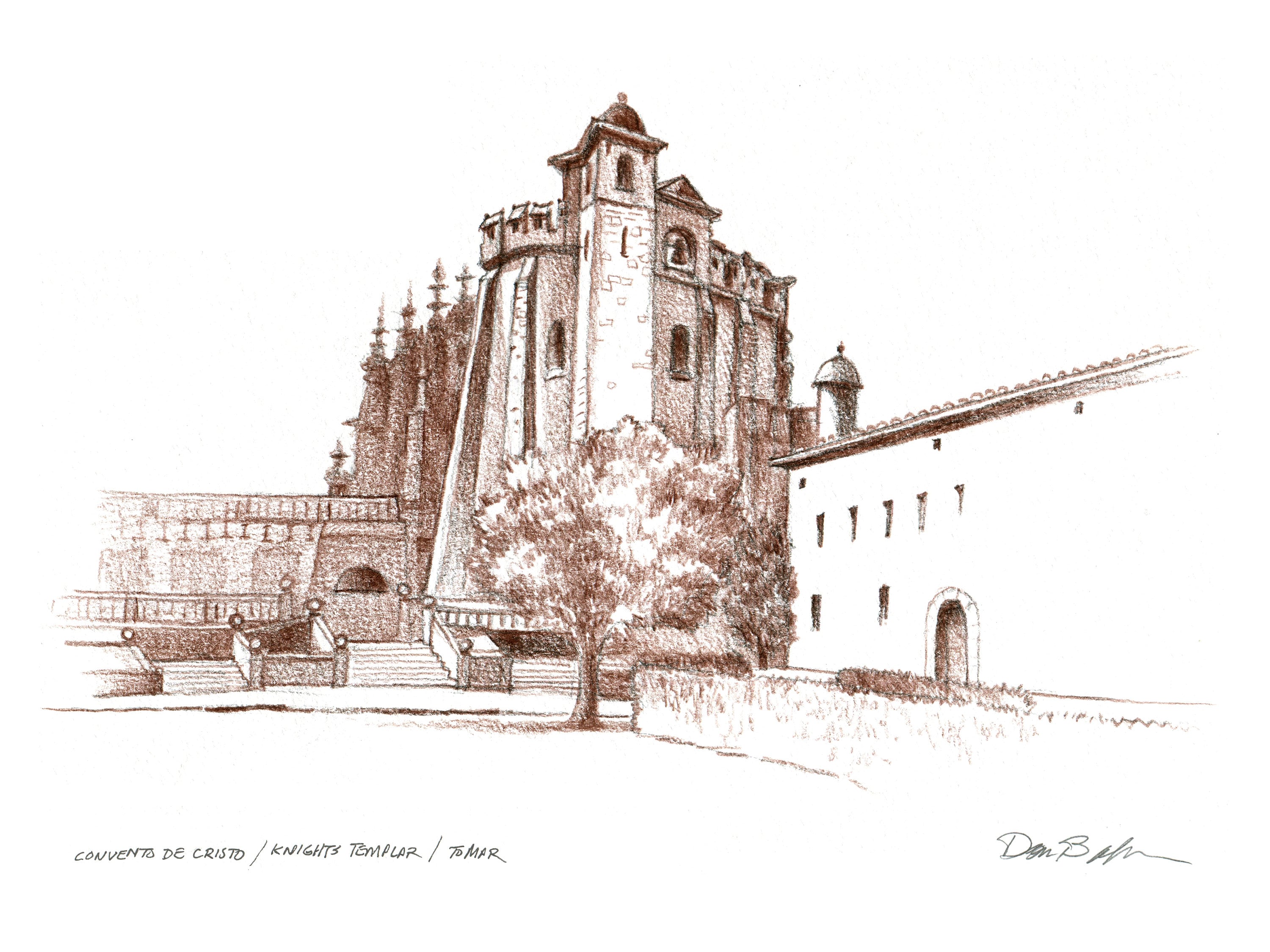 Pencil Sketch of Convento De Cristo, Knights Templar in Tomar, Portugal ...