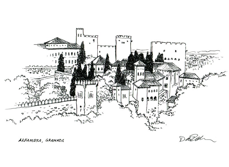 Pen and Ink Sketch of the Alhambra in Granada, Spain (this is a Digital ...