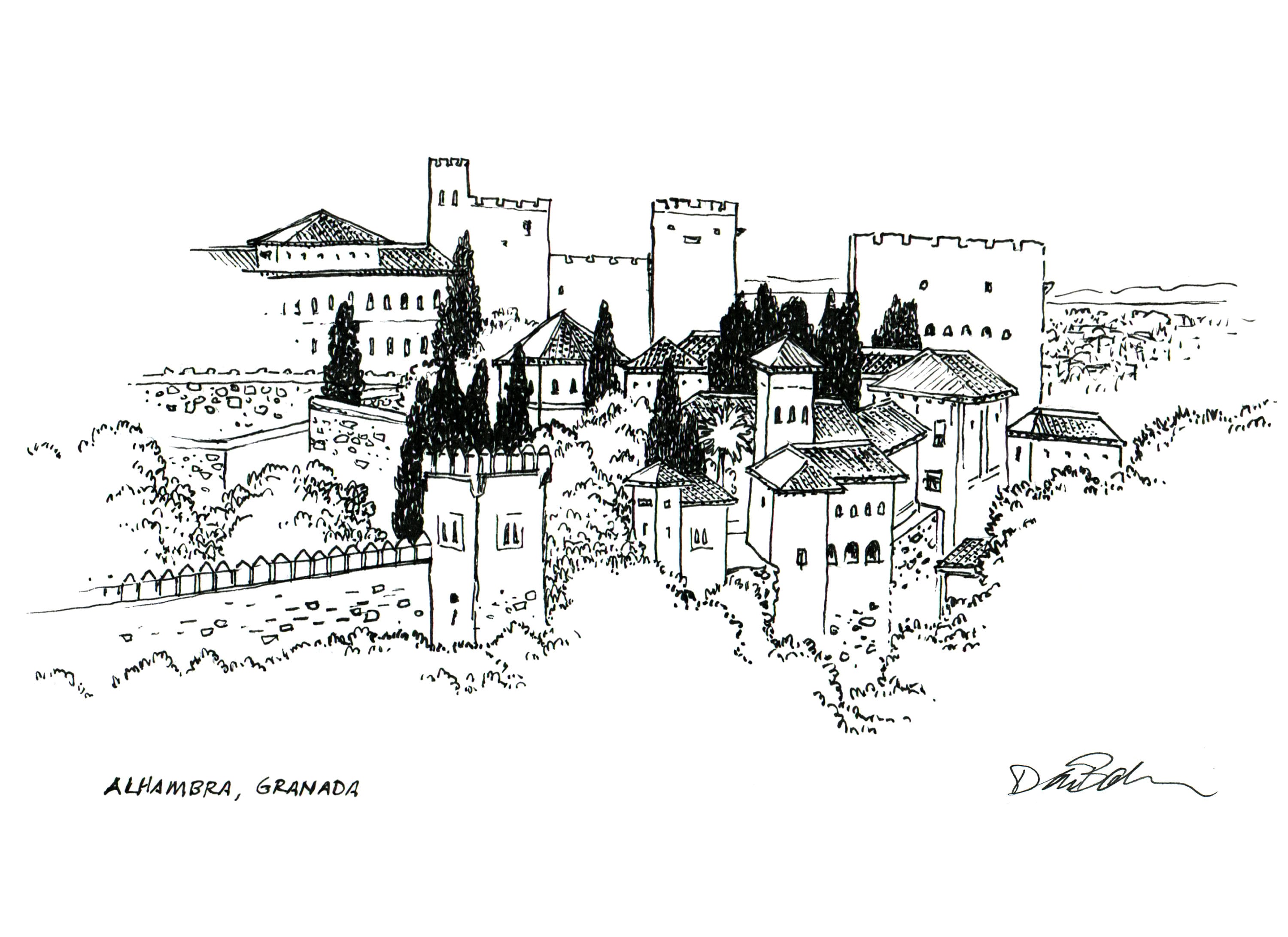 Pen and Ink Sketch of the Alhambra in Granada, Spain (this is a Digital ...