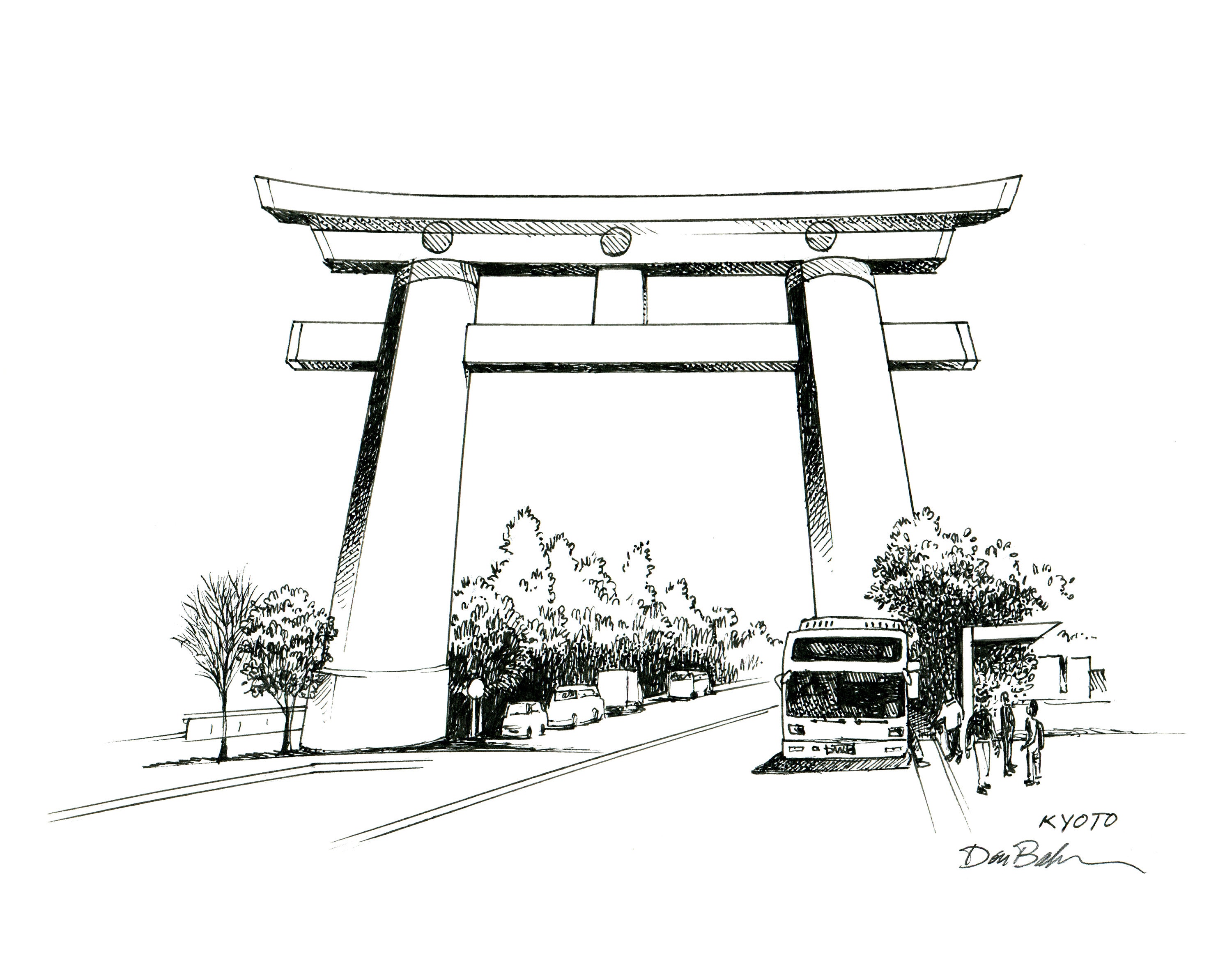 Pen and Ink Sketch of the Big Torii at the Entrance to Heian Shrine ...