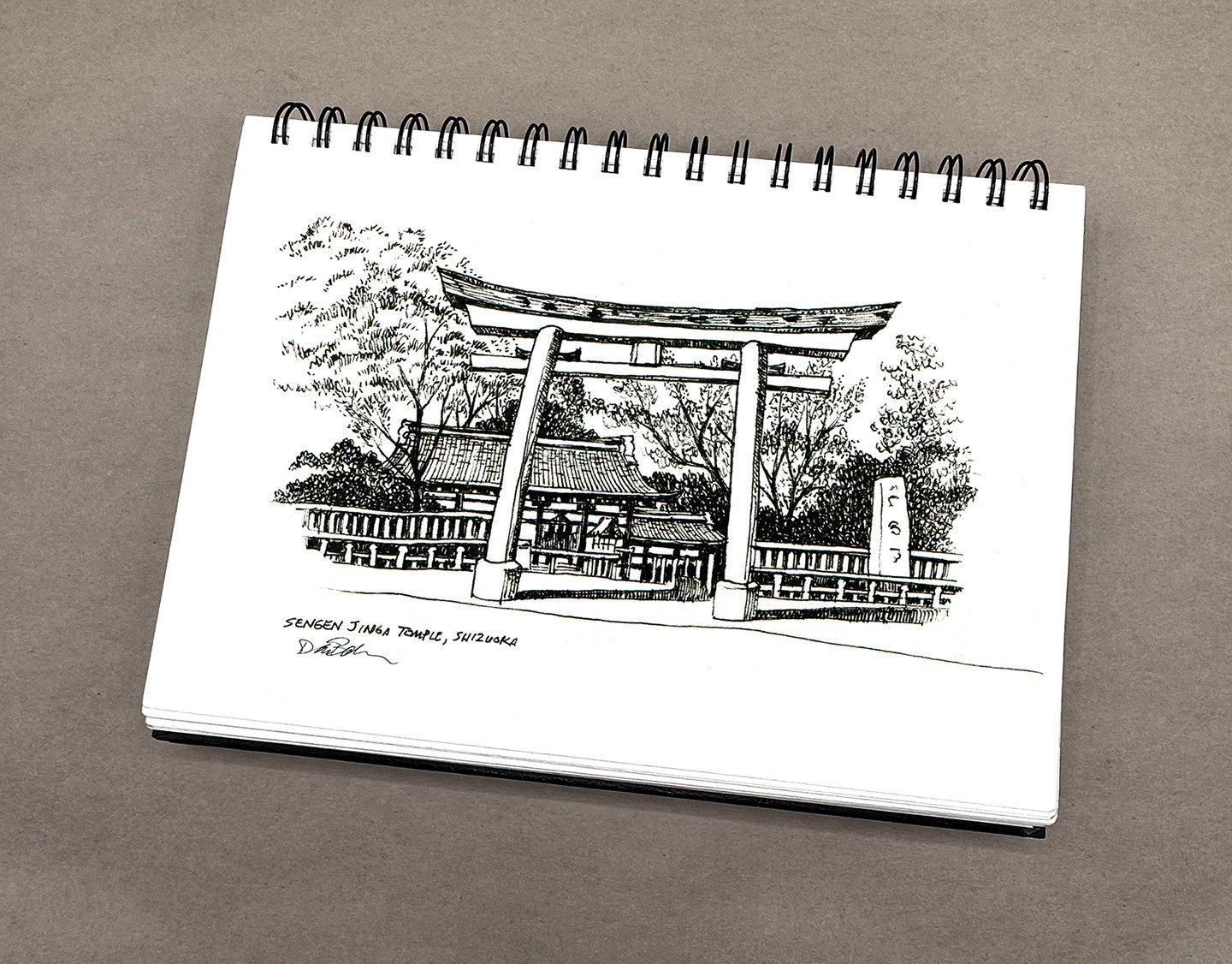 Pen and Ink Sketch of Sengen Jinga Shinto Shrine in Shizuoka, Japan (a ...