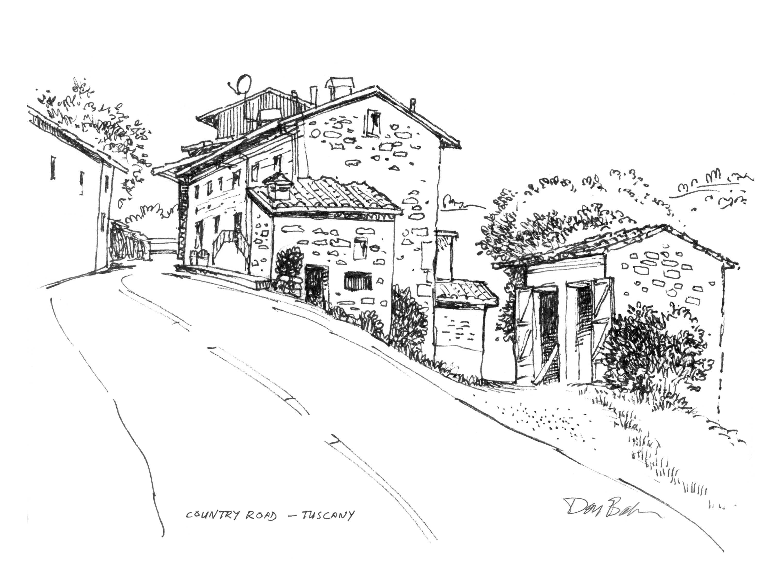Pen and Ink Drawing of a Country Road in Tuscany, Italy (this is a ...