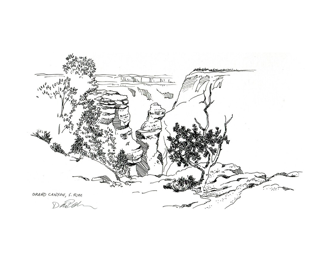 Pen and Ink Sketch of the Grand Canyon From the South Rim Trail (a ...