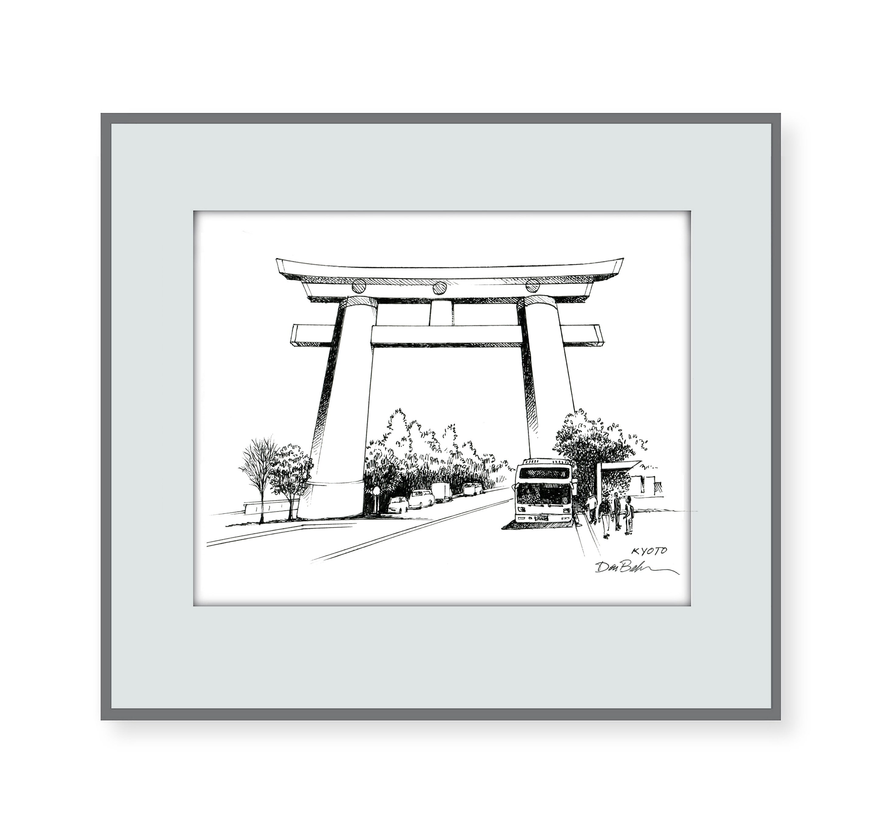 Pen and Ink Sketch of the Big Torii at the Entrance to Heian Shrine ...