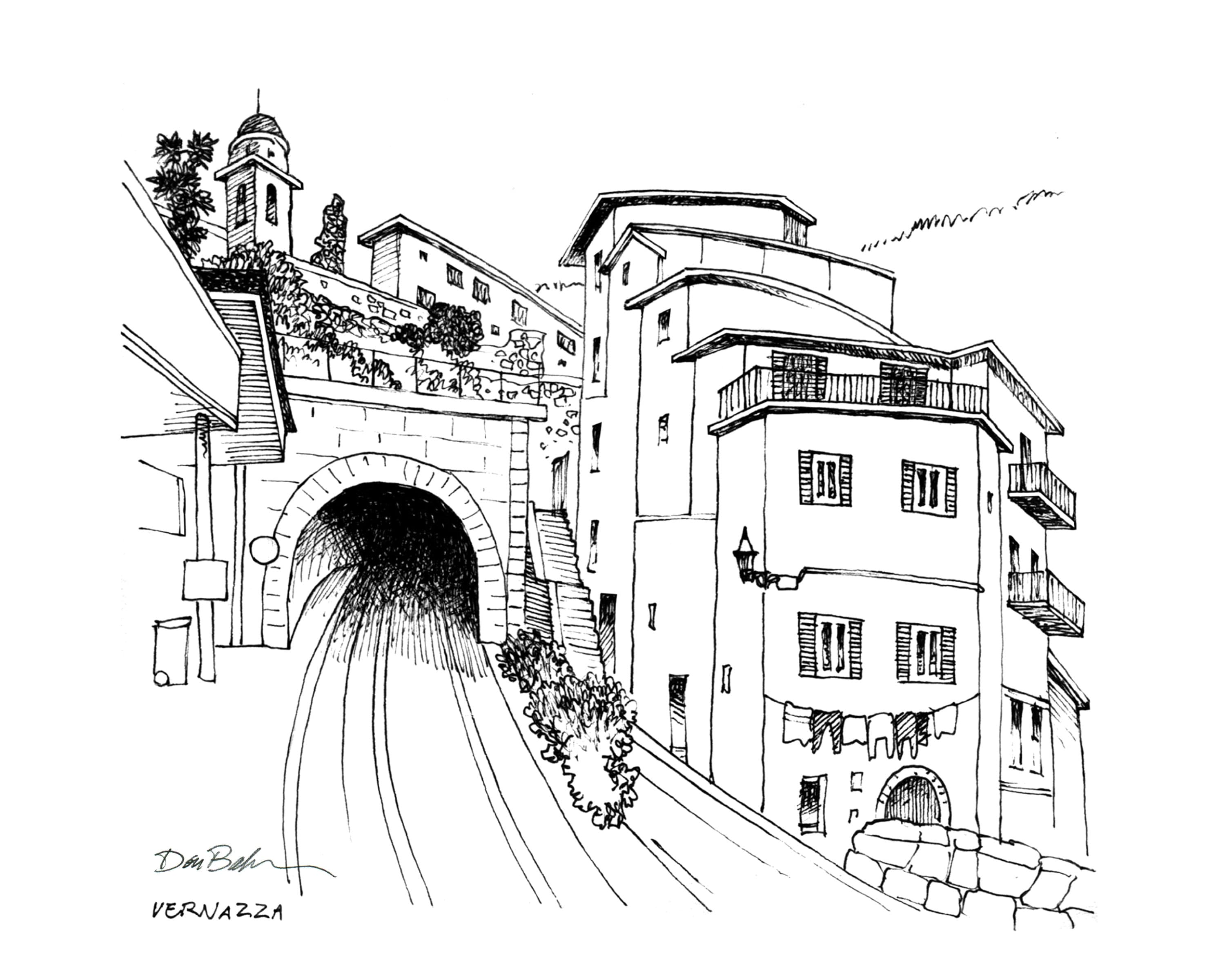 Pen and Ink Sketch of the Train Station and Tunnel at Vernazza, Italy ...