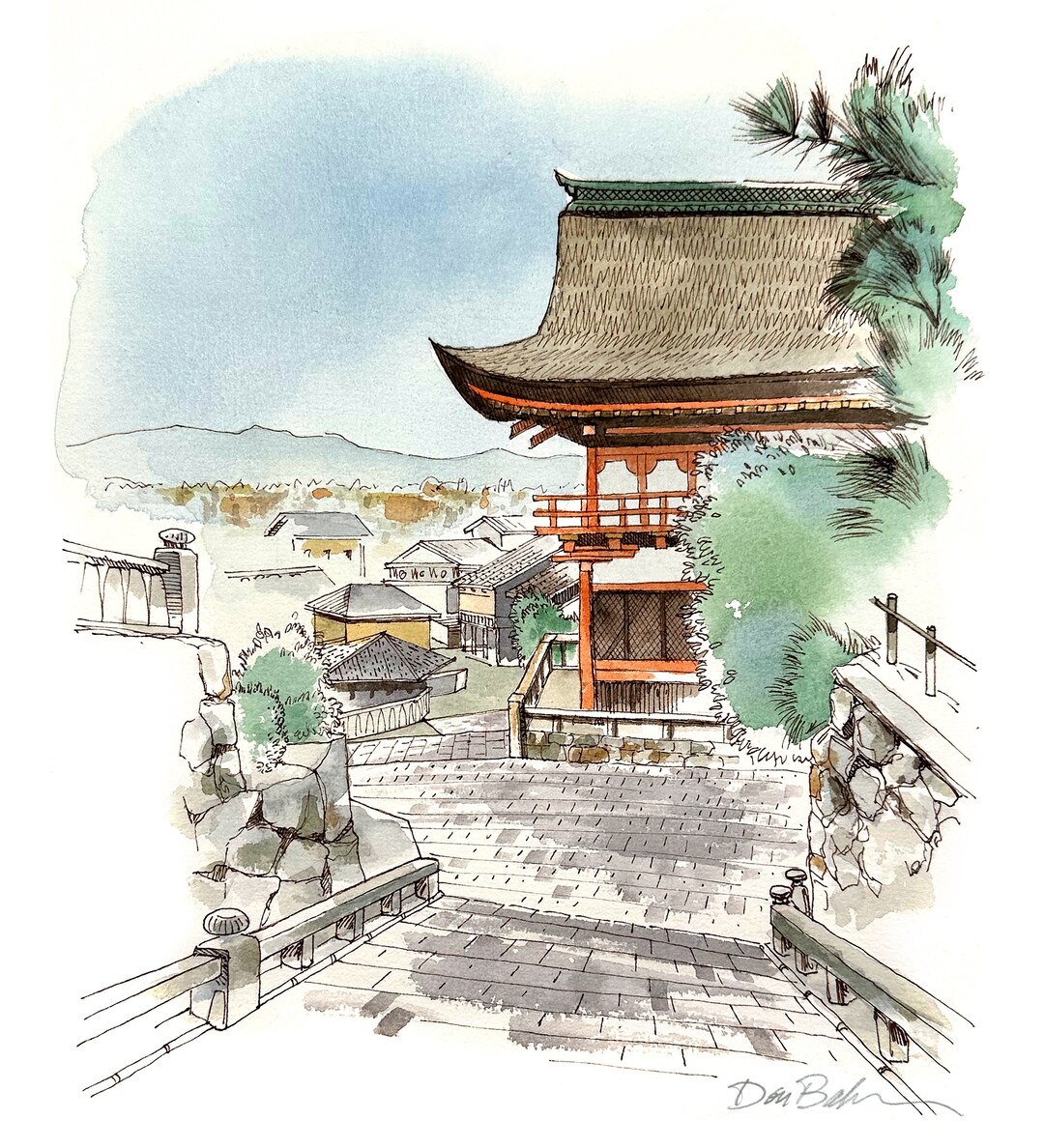 Watercolor Sketch of a Kyoto Temple Overlooking the Coutryside (a ...