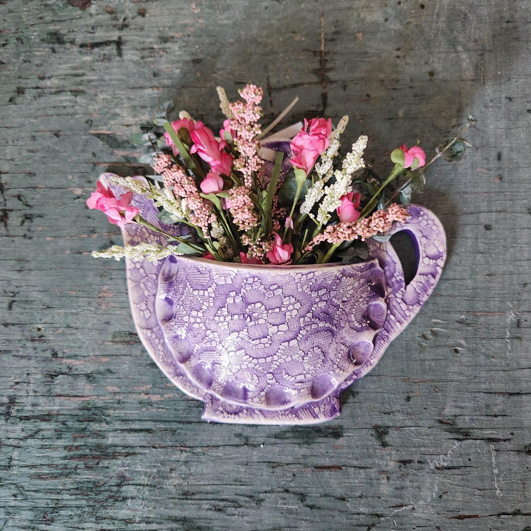 Lace Textured Teapot Wall Planter: Cottagecore Pottery Decor - Etsy