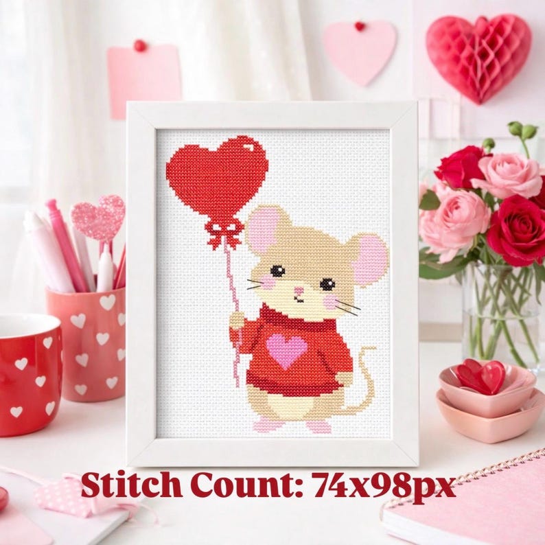 Valentines Day Mouse Cross Stitch Pattern (PDF Download | 74w X 98h) - Etsy