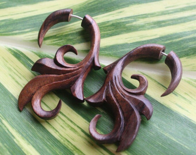 Fake Gauge SUMITRA Earrings Organic Sono Wood Hand Carved - Etsy