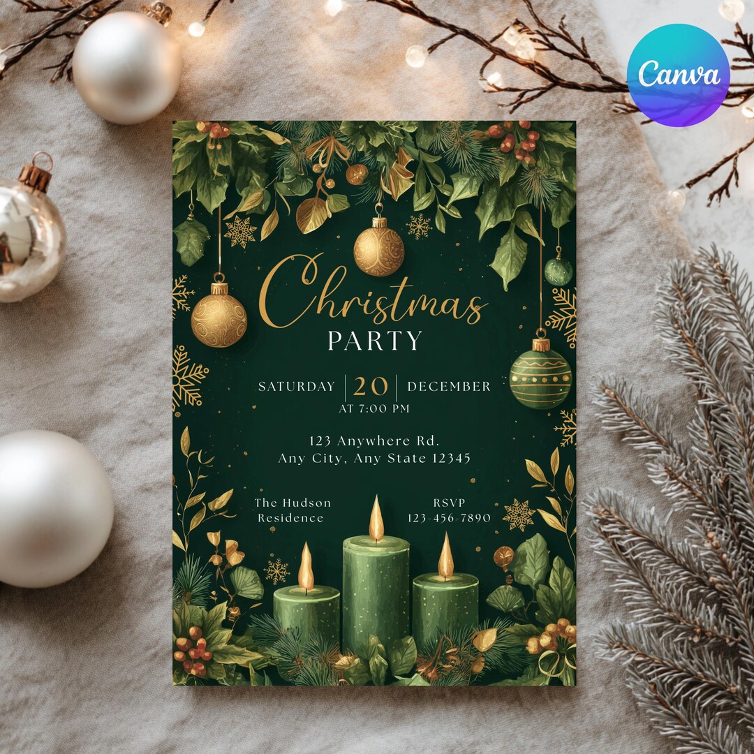 Green, Gold Christmas Party Invitation | Holiday Party Invite ...
