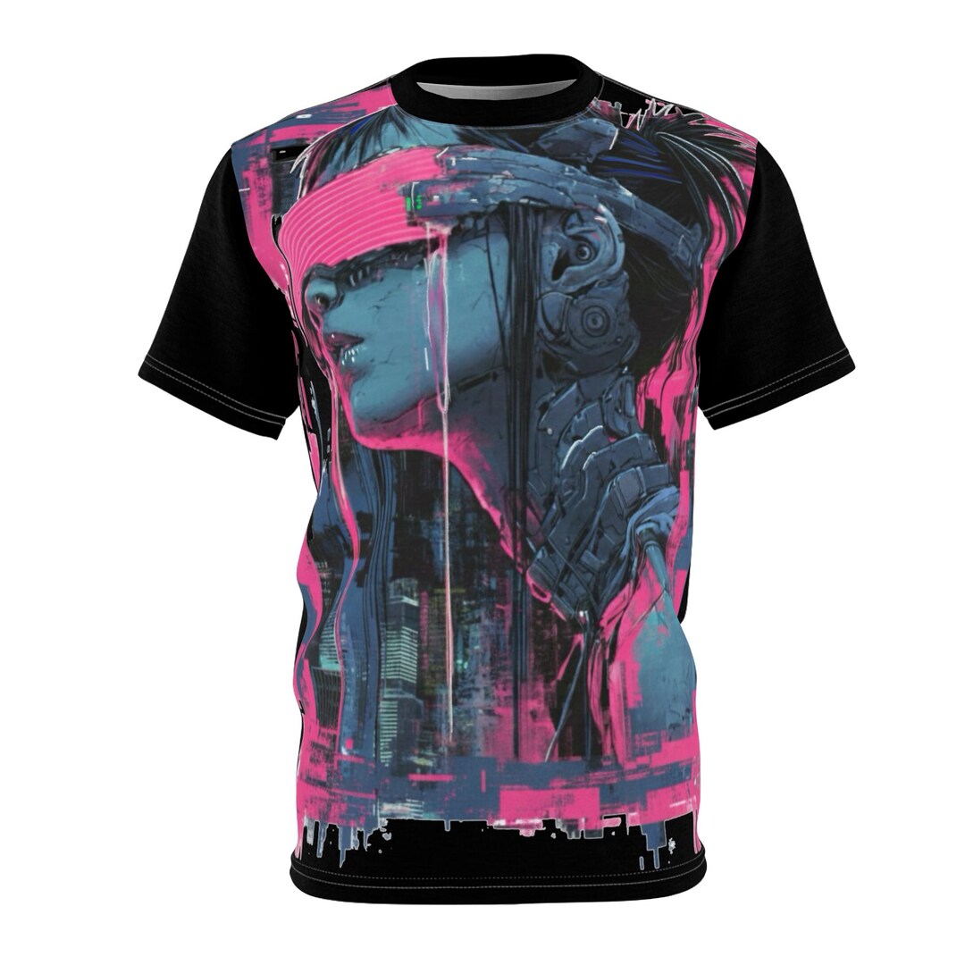 Cyberpunk Blindfolded Girl Tee | Neon Pink Blue Synthwave All-over ...