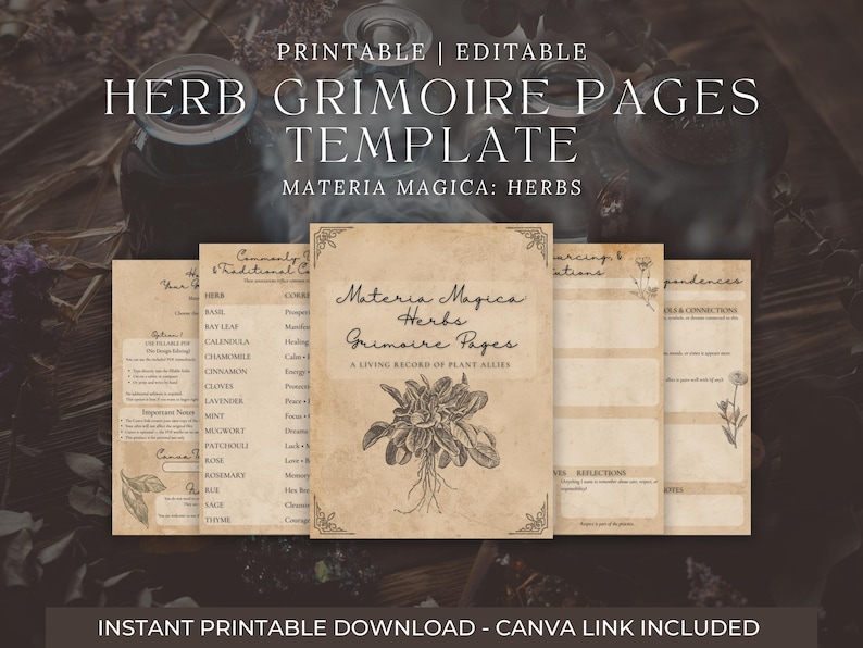Herb Grimoire Pages Template: Herbal Log Printable + Editable in Canva ...