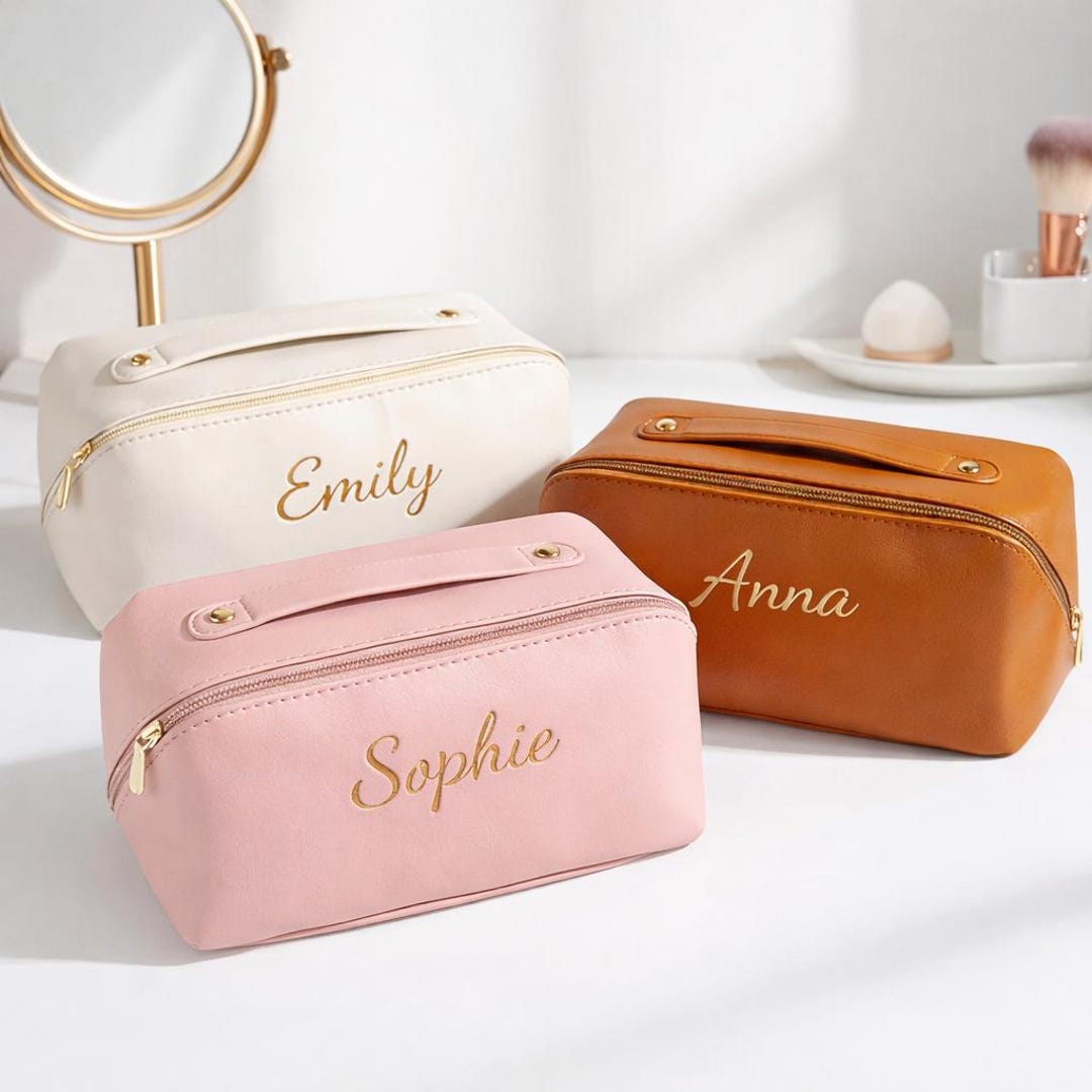 Personalized Embroidered Makeup Bag, Faux Leather Toiletry Pouch ...