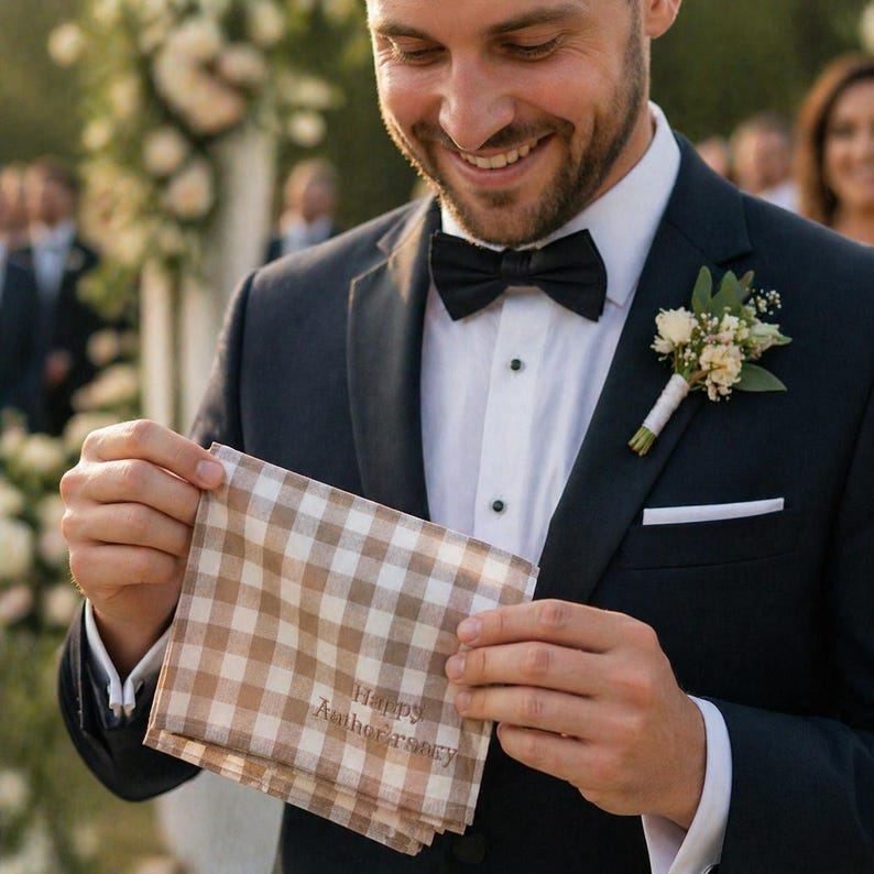 Personalized Linen Handkerchief, Embroidered Gingham Wedding Gift ...
