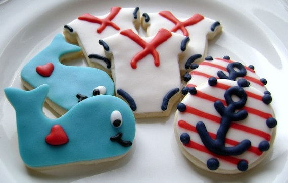 Mini Nautical Baby Shower Cookies - Anchor, Whale, Sailor Suit - Red ...