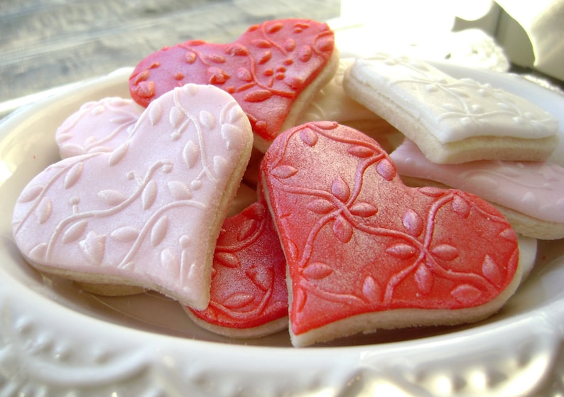 Mini Heart Sugar Cookies Embossed Flowers in Red Pink and - Etsy
