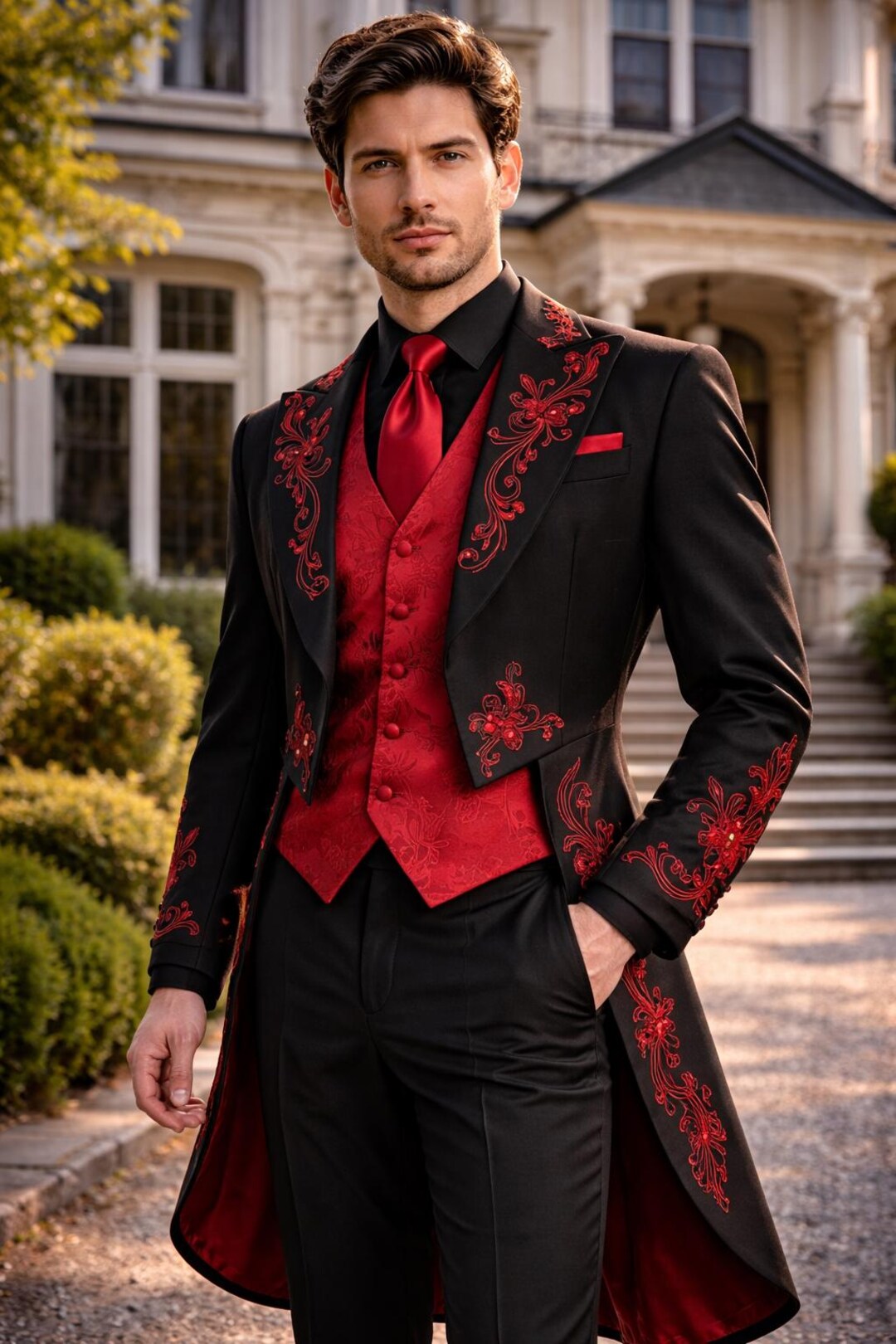 Black Red Embroidered Tailcoat Suit Mens Gothic - Etsy