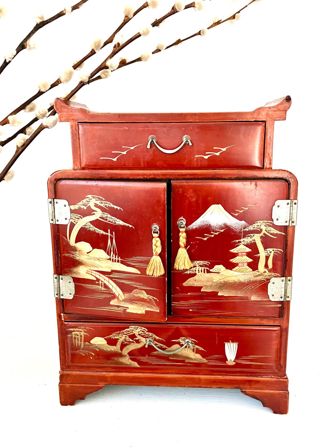 Japanese Jewelry Box - 5 Drawers - Red Lacquer Jewelry Chest - Hand ...