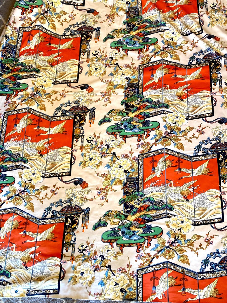 Vintage Cotton Fabric – Jonelle Duracolour Bonsai Crane Print, England ...