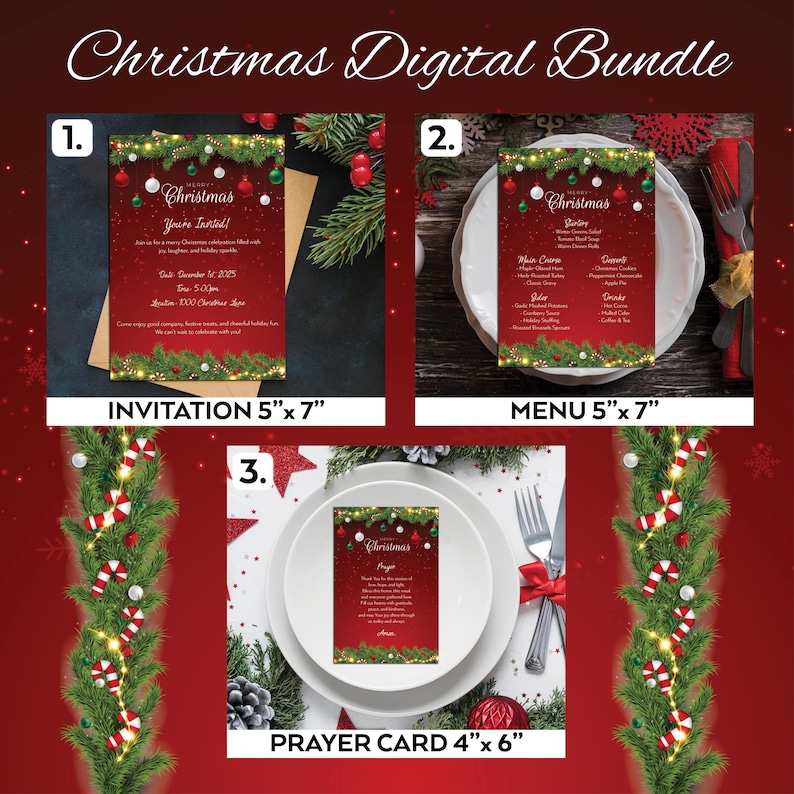 Christmas Dinner Printable Bundle | Holiday Invitation Menu Place Card ...