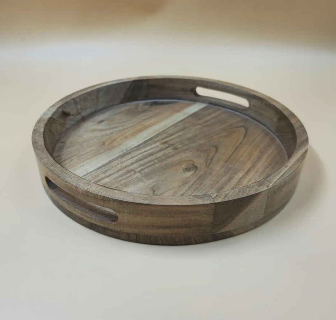 Personalized Round Wooden Serving Tray: Rustic Tableware With Handles ...