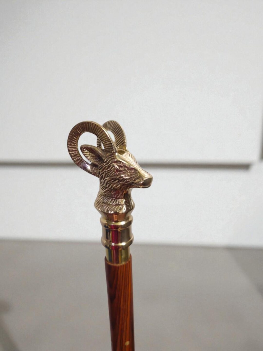 Vintage Handmade Wooden Walking Stick Cane - Brass Mountain Goat Handle ...