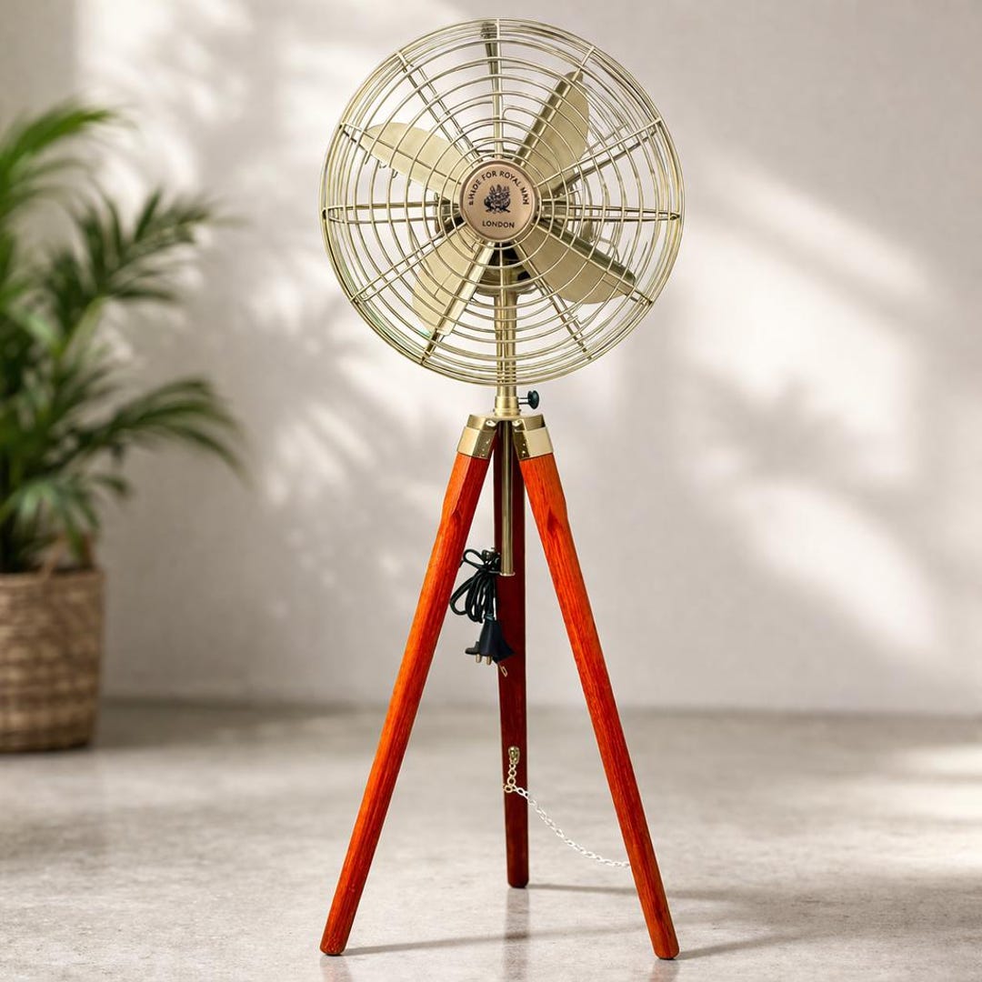 Vintage Brass Tripod Floor Fan: Retro Industrial Style With Wooden Base ...