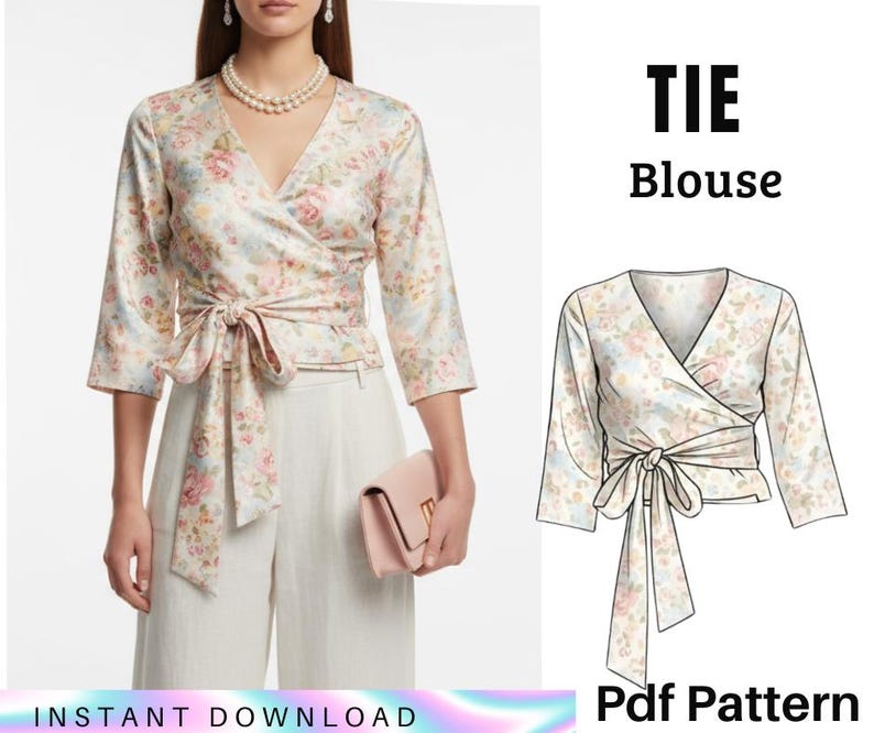 Wrap Tie Blouse Sewing Pattern • PDF Top • Long Belt • Instant Download ...