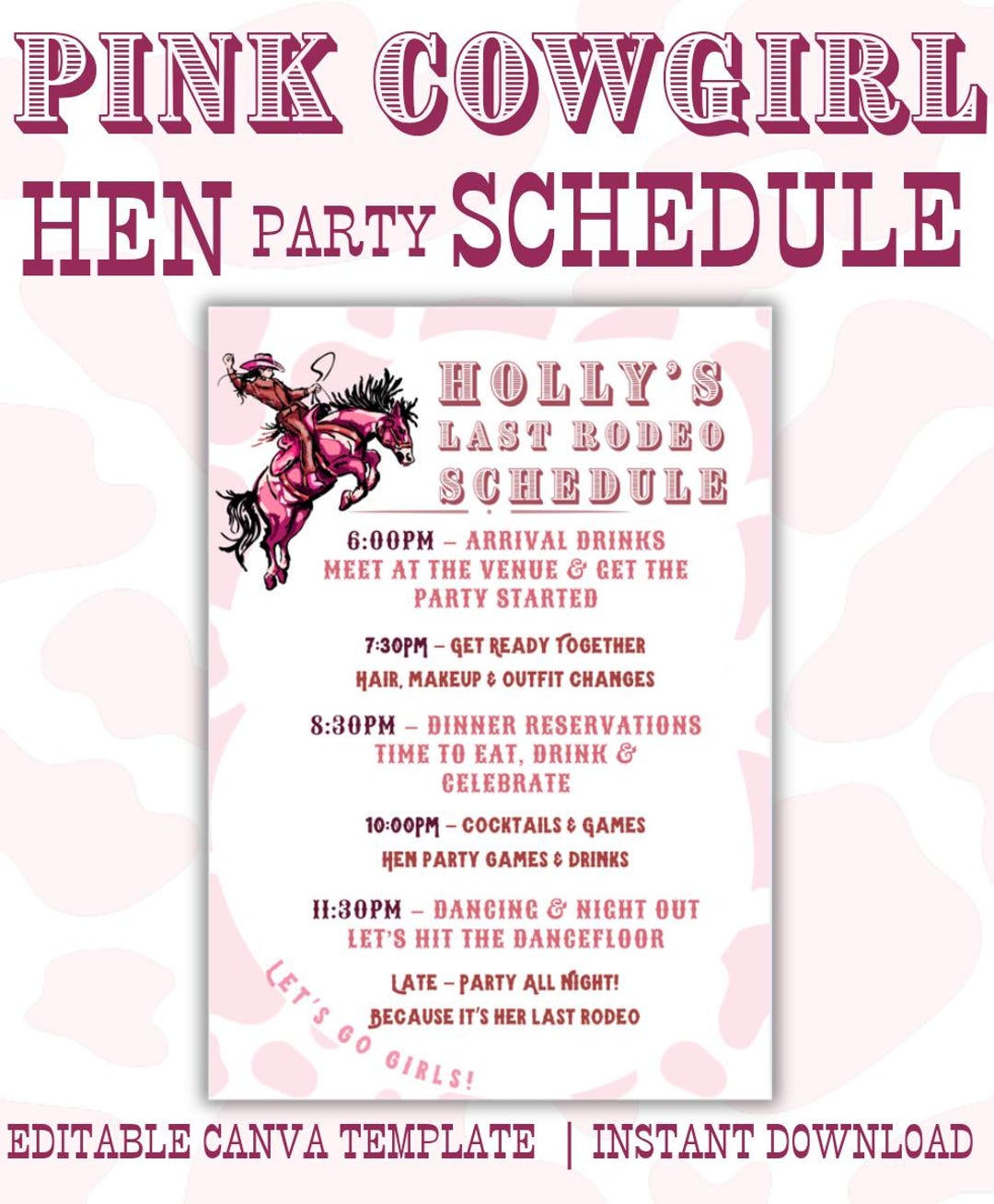 Pink Cowgirl Hen Party Signage, Schedule, Last Rodeo Bachelorette ...