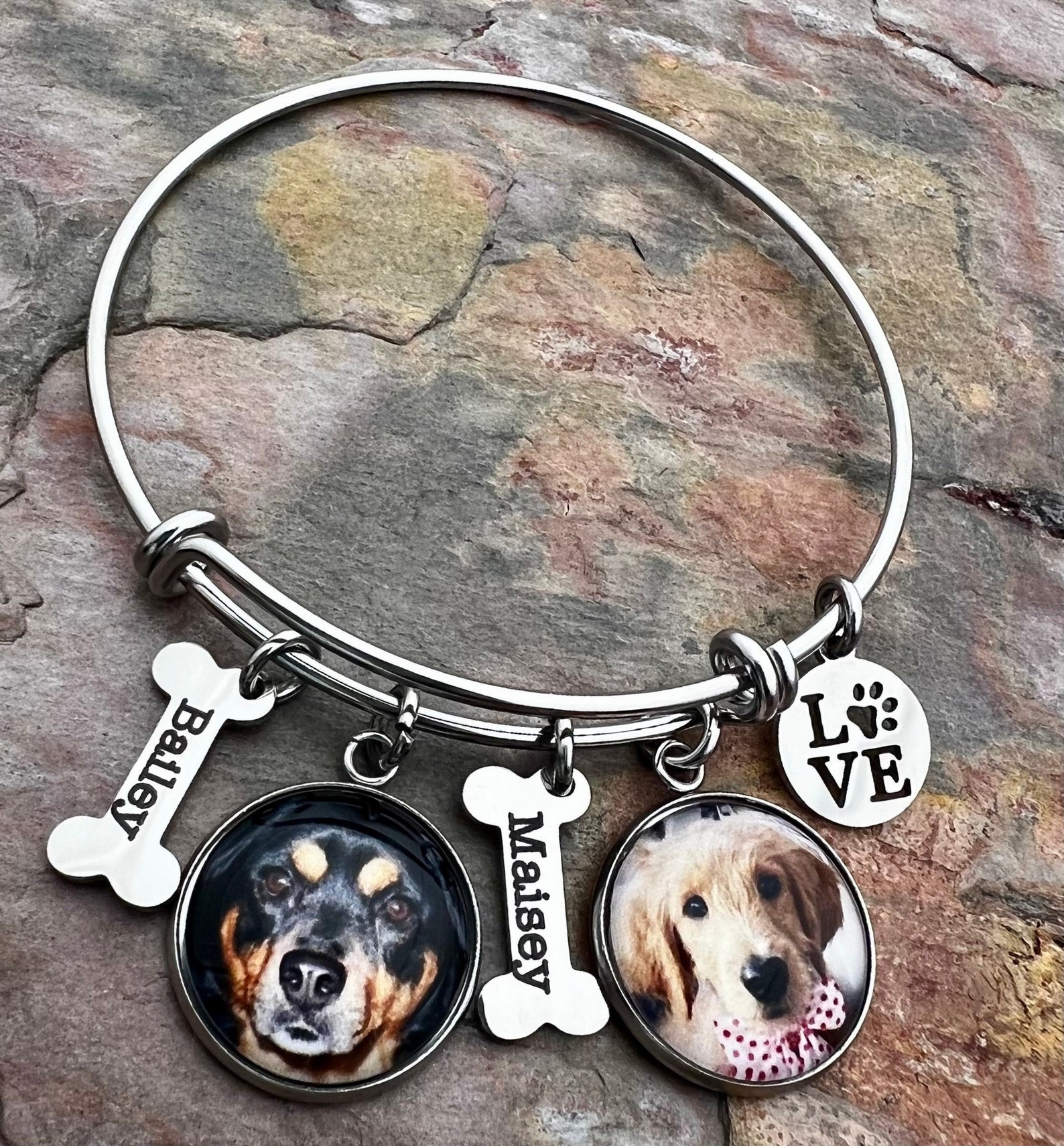 Pet Photo Puppy Love Stainless Adjustable Bangle Bracelet Dog Cat Charm ...