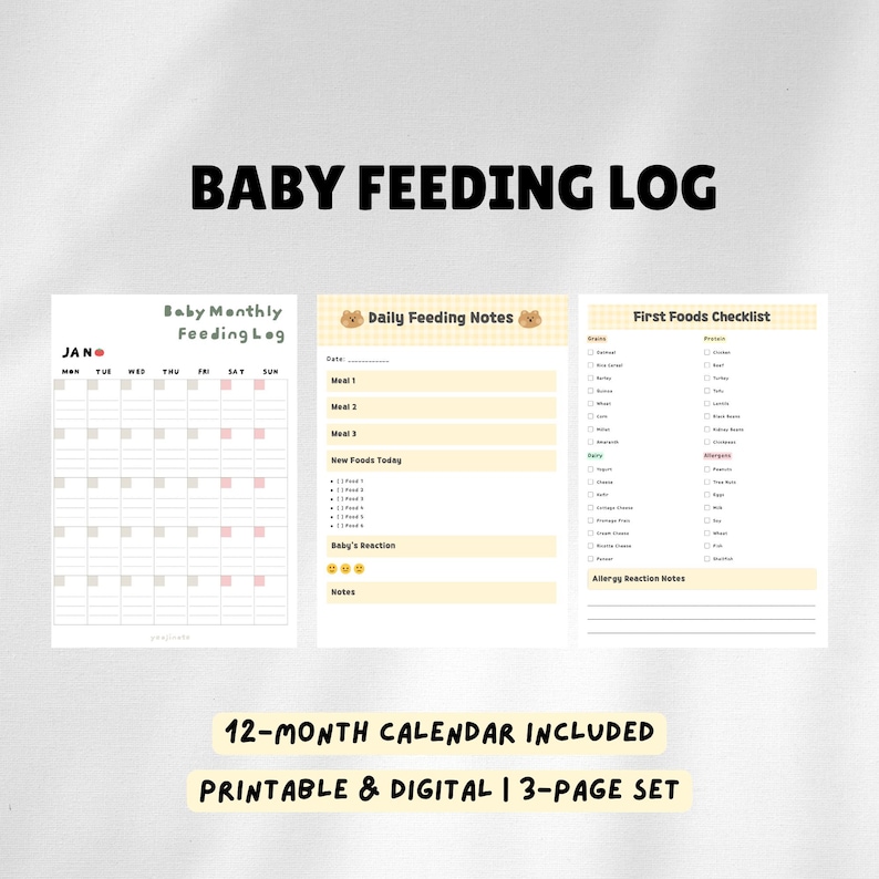 Baby Feeding Log Set | 12-month Calendar, First Foods Checklist ...