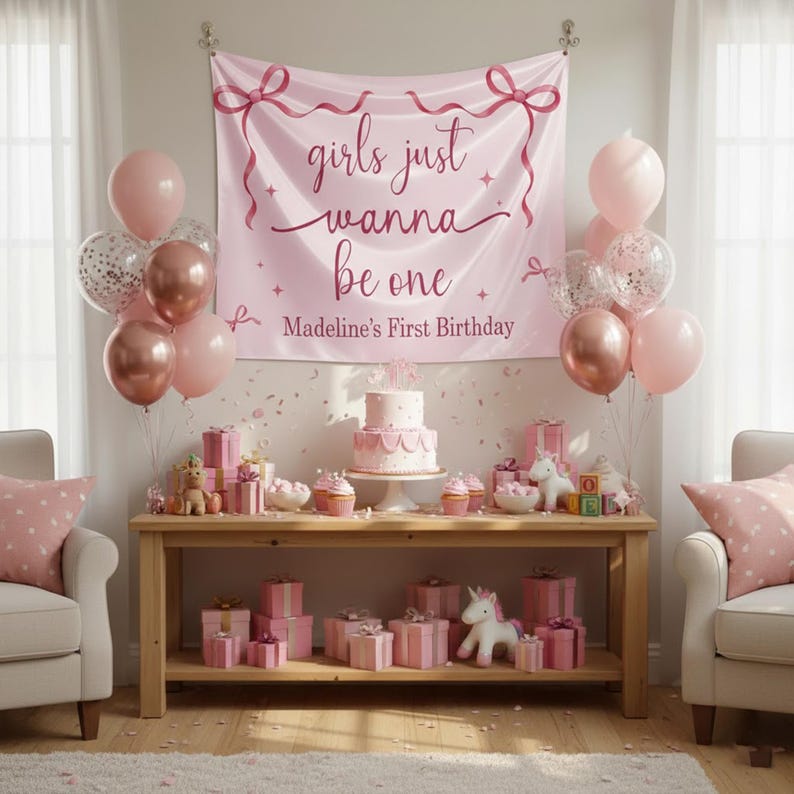 Personalized Girls Just Wanna Be One Silk Banner, Girl 1st Birthday ...