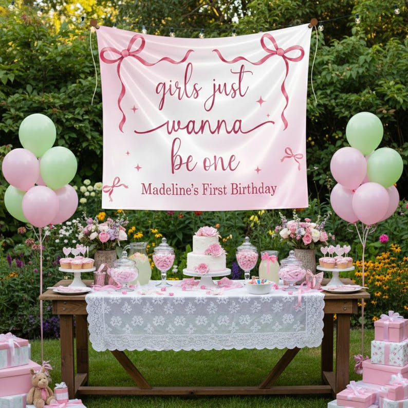 Personalized Girls Just Wanna Be One Silk Banner, Girl 1st Birthday ...