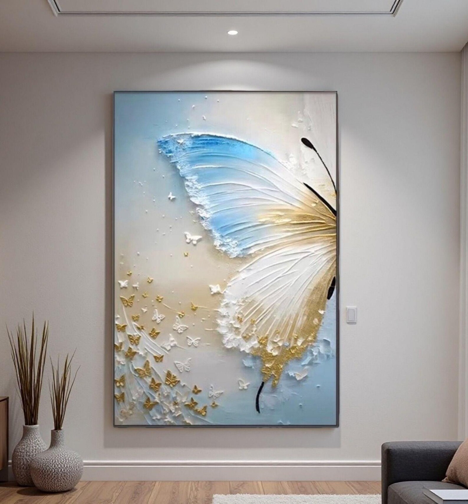 Minimalist 3D Blue & Gold Butterfly Canvas Art | Impasto Butterfly Oil ...