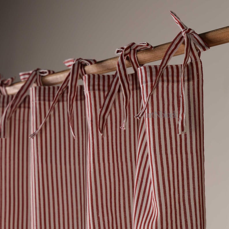 Rust Red Striped Tie Top Curtains | Cotton Farmhouse Window Panels ...