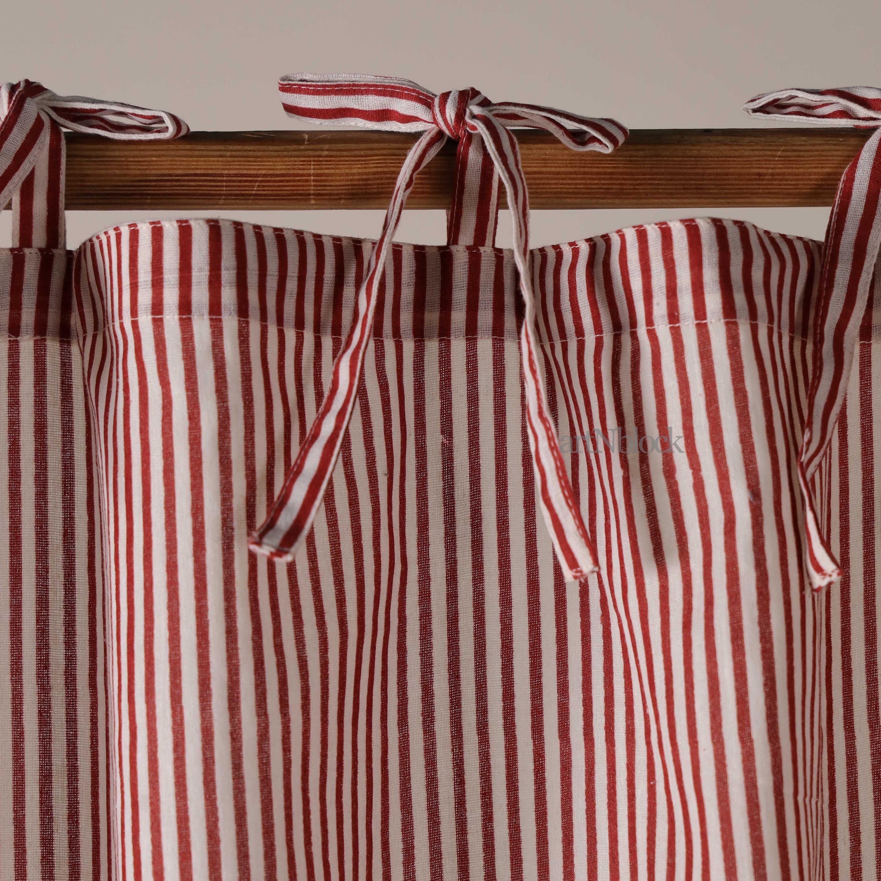 Rust Red Striped Tie Top Curtains | Cotton Farmhouse Window Panels ...