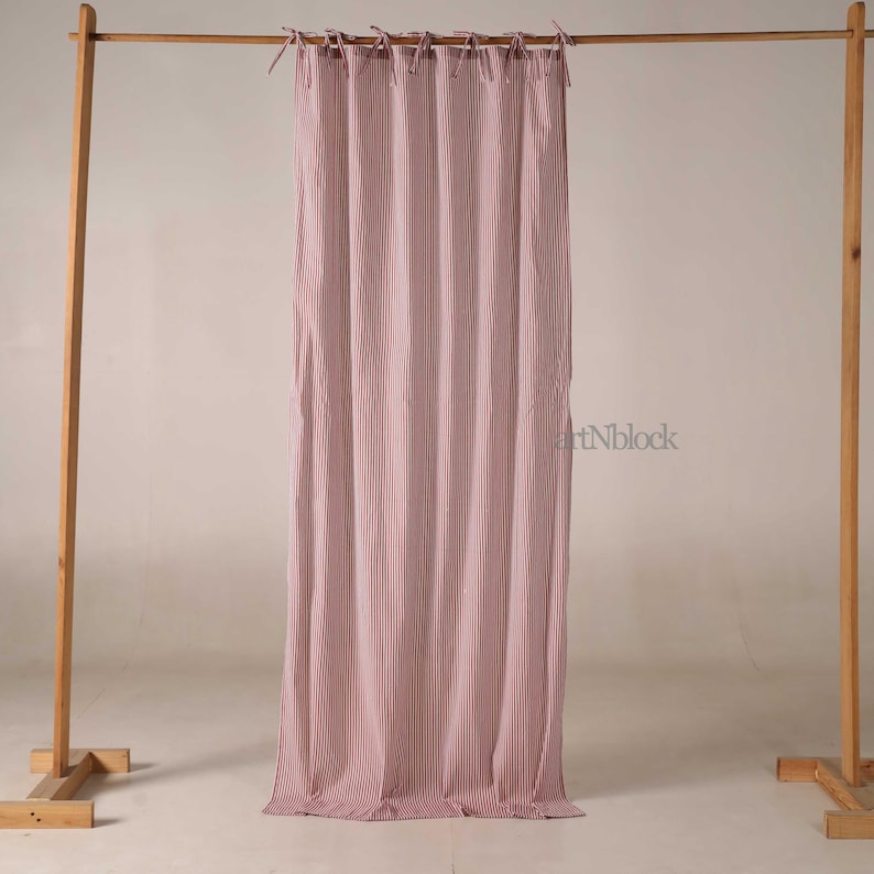Rust Red Striped Tie Top Curtains | Cotton Farmhouse Window Panels ...