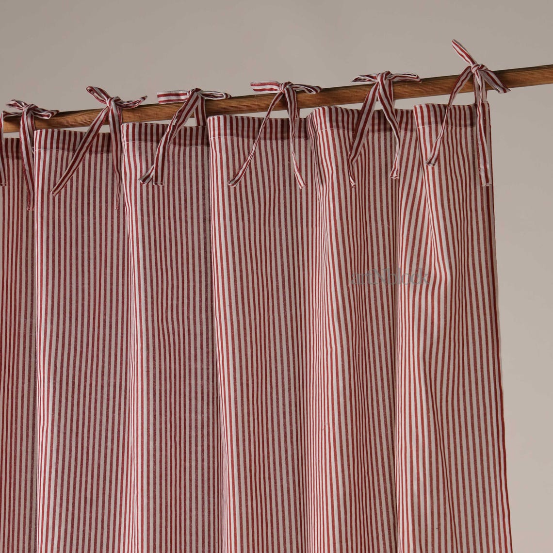 Rust Red Striped Tie Top Curtains | Cotton Farmhouse Window Panels ...