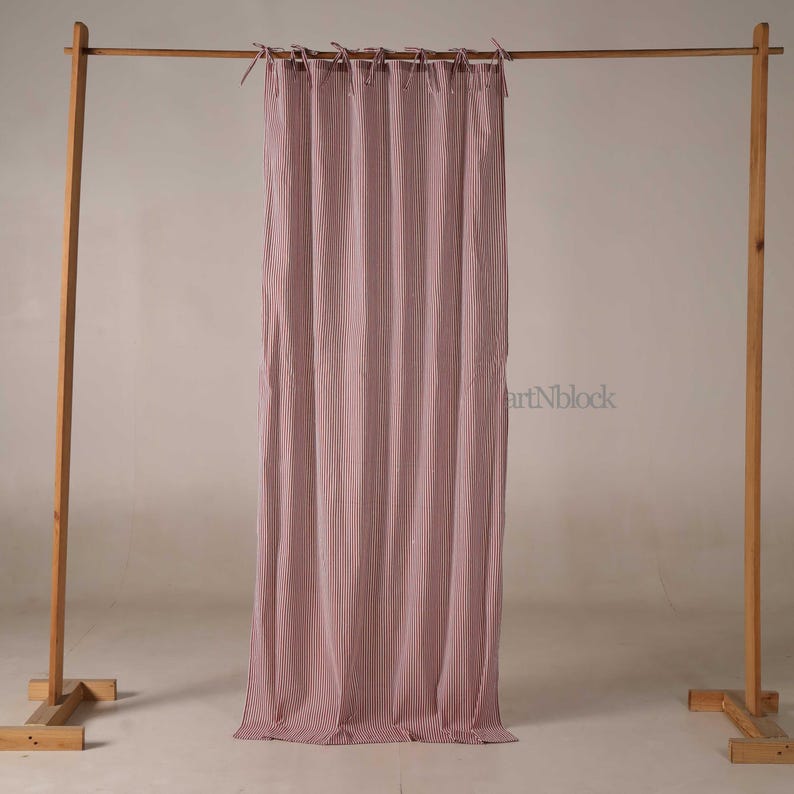 Rust Red Striped Tie Top Curtains | Cotton Farmhouse Window Panels ...