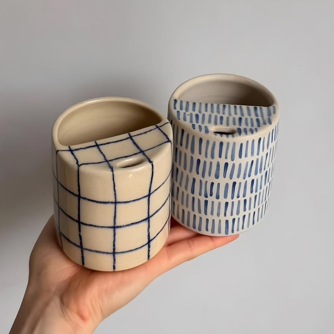 Minimalist Hand-painted Grid - Stripe Pattern - Handmade Ceramic Travel ...