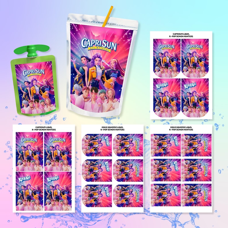 Kpop Demon Hunter Huntrix Caprisun Label, Gogo Squeez Label, Rumi's Medicine Juice Pouch Wrapper ...