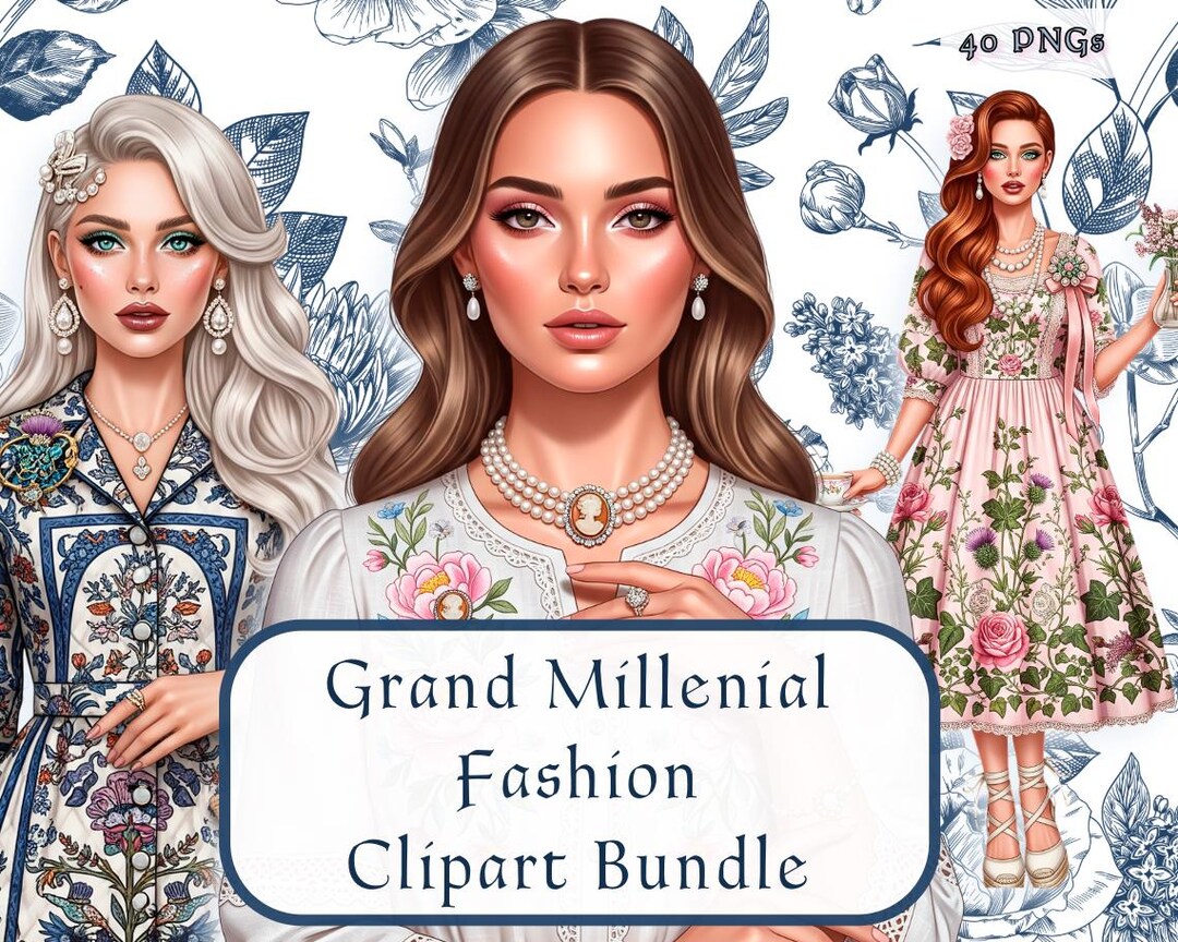 Grand Millennial Fashion Clipart Bundle, 40 Luxury Illustrations PNG ...
