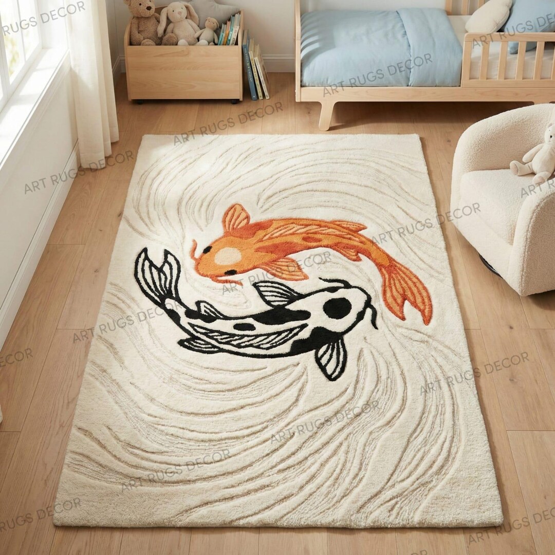 Hand Tufted Koi Fish Area Rug Black and Orange Yin Yang Design Cream ...