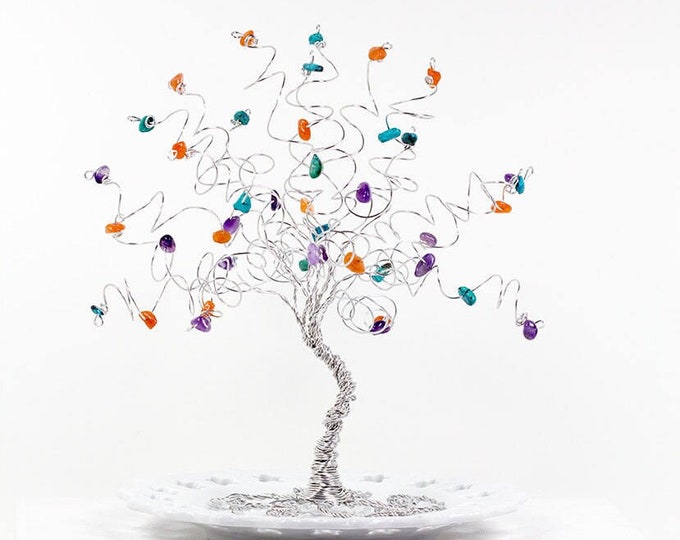 Aquamarine Wire Tree of Life Bonsai Sculpture, Handmade Miniature Tree, Handmade Nature Art ...