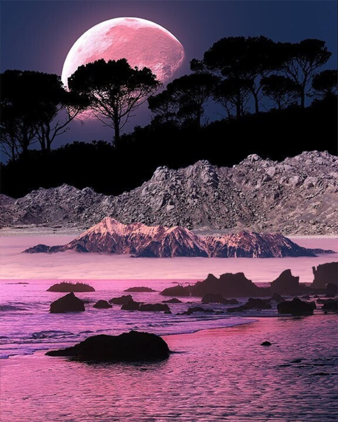 Landscape Collage Artwork Pink Moon Mountains Digital Art Surrealist ...