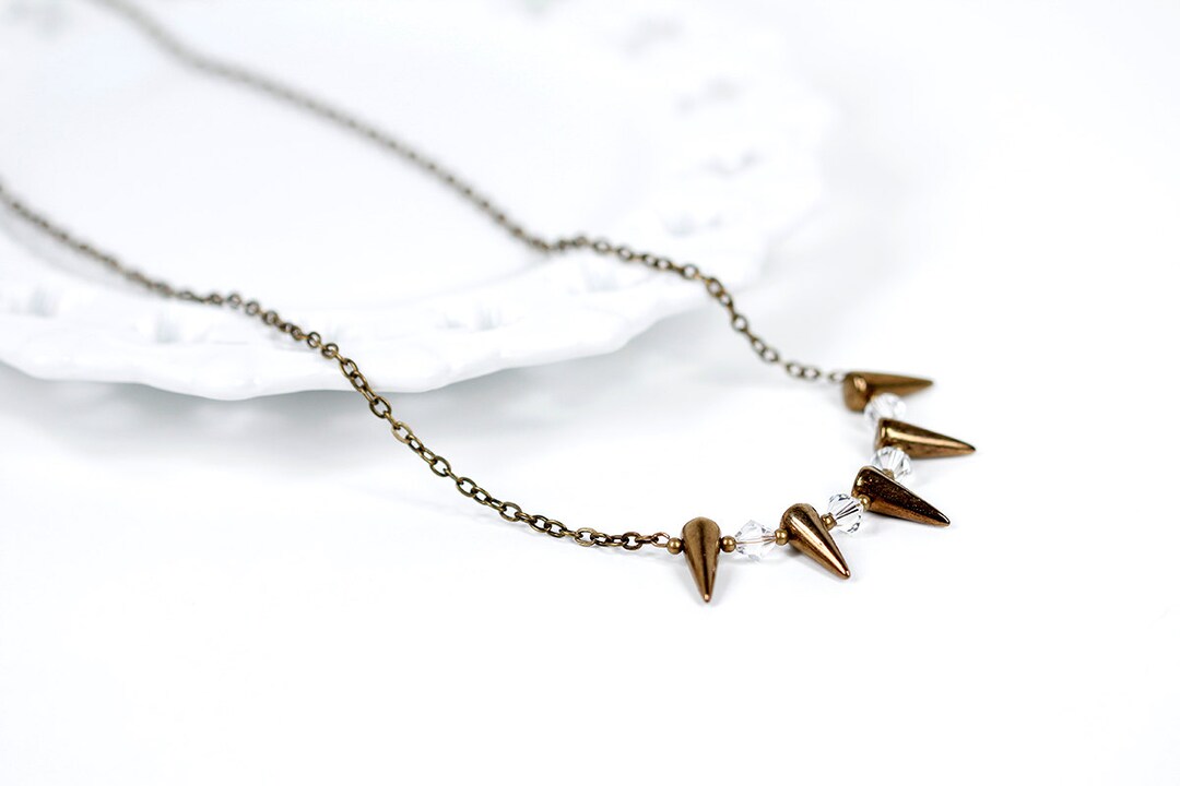 Spike Necklace Swarovski Crystal Antique Brass Chain Spike Necklace - Etsy